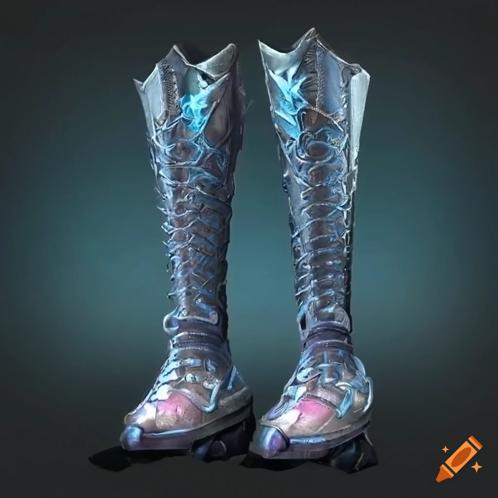 Enchanted mithril boots for RPG game knight's armor ensemble on Craiyon