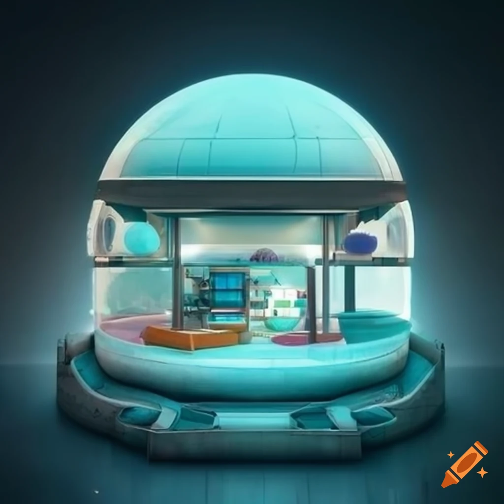 Retro-futuristic space colony pod general store in japanese-style design on Craiyon