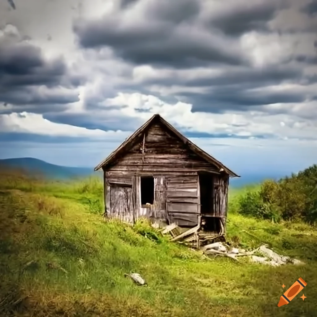 Old shack on a hill with grass, mountains, and a stream beside it on ...
