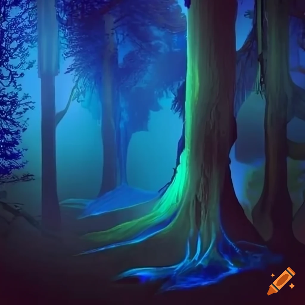 Biopunk forest with towering bioluminescent trees merging nature and ...