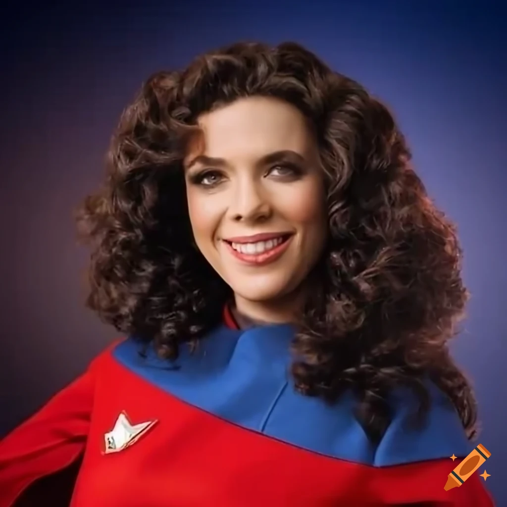 Woman with curly dark brown hair in red Starfleet engineer uniform on Craiyon
