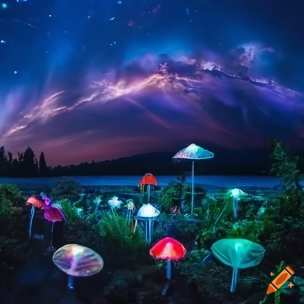 Tyrannosaurus rex in a galactic lake with luminous mushrooms and butterflies on Craiyon