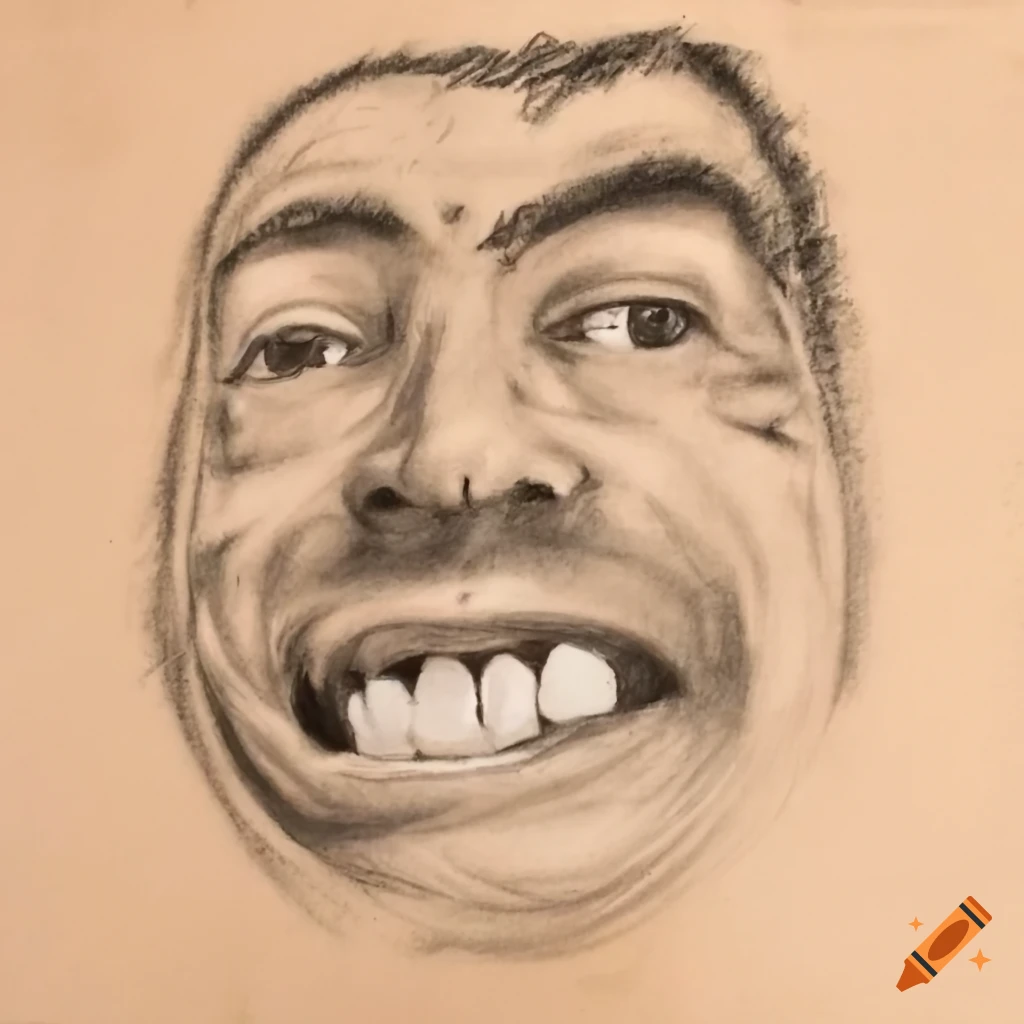 Charcoal drawing of a man with a unique smile on tan paper on Craiyon