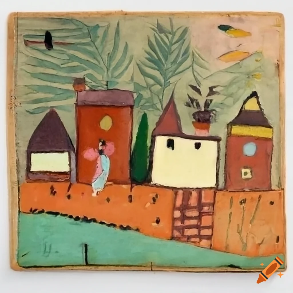 Naive painting of a miniature dollhouse with angels in an outdoor scene ...