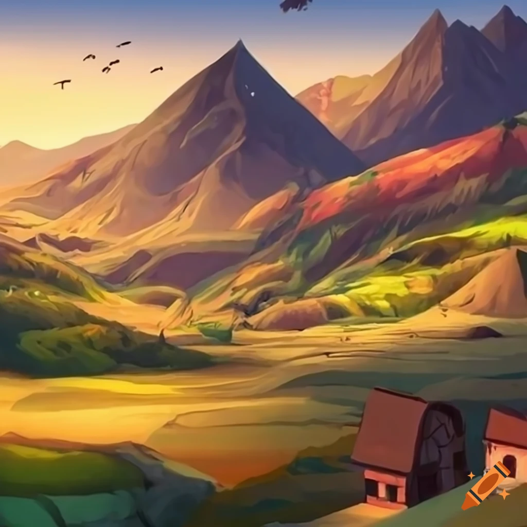 Scenic village nestled between two mountains in 2d art on Craiyon