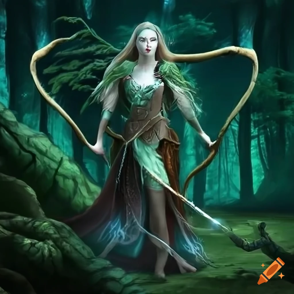 Elf warrior in enchanted forest with mystical runes and longbow on Craiyon