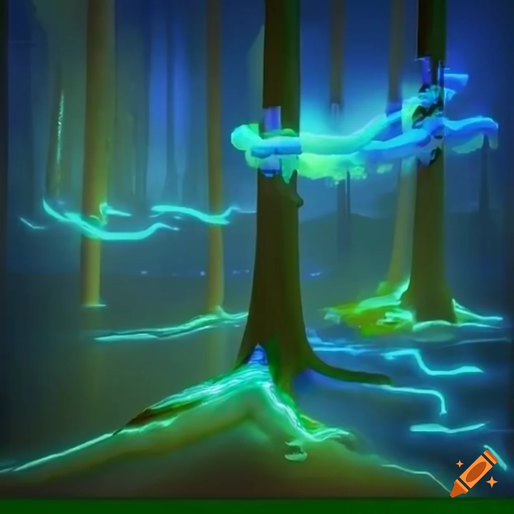 Biopunk forest with towering bioluminescent trees merging nature and ...