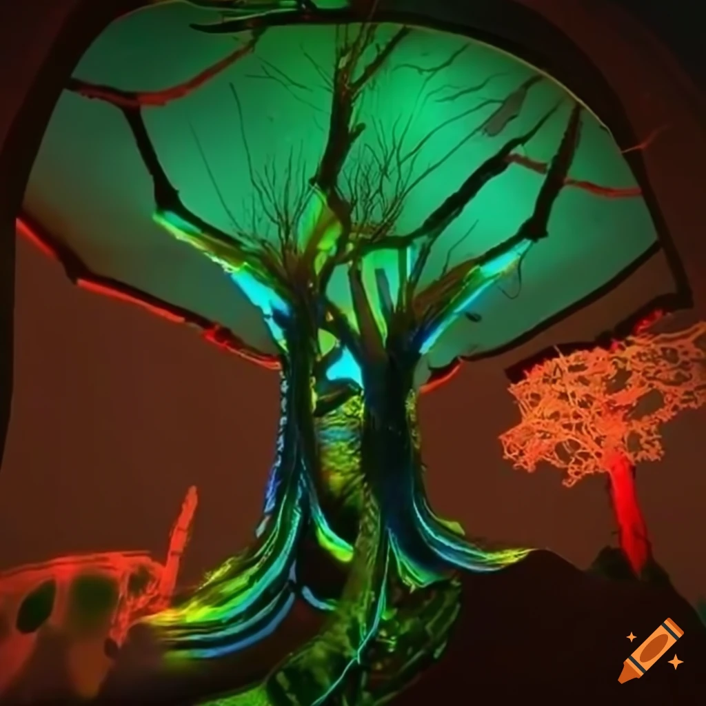 Biopunk paradise with glowing bioluminescent trees merging nature and technology on Craiyon