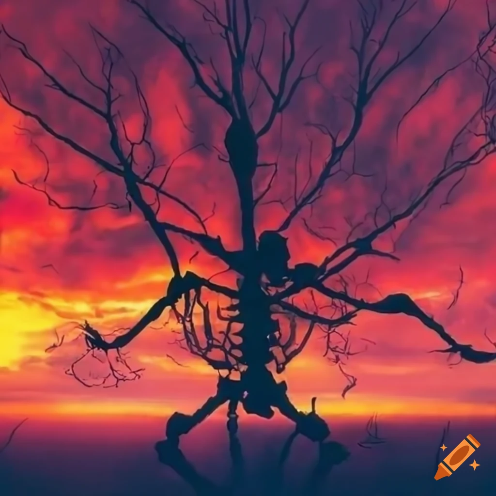 Skeleton climbing a tree at sunset with a red sky in a surrealistic ...