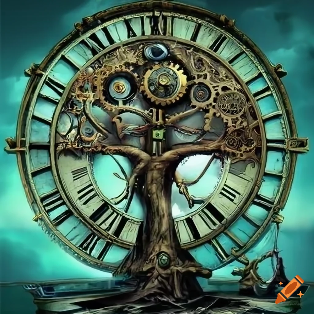 Steampunk tree of life with clockwork gears and airship on Craiyon