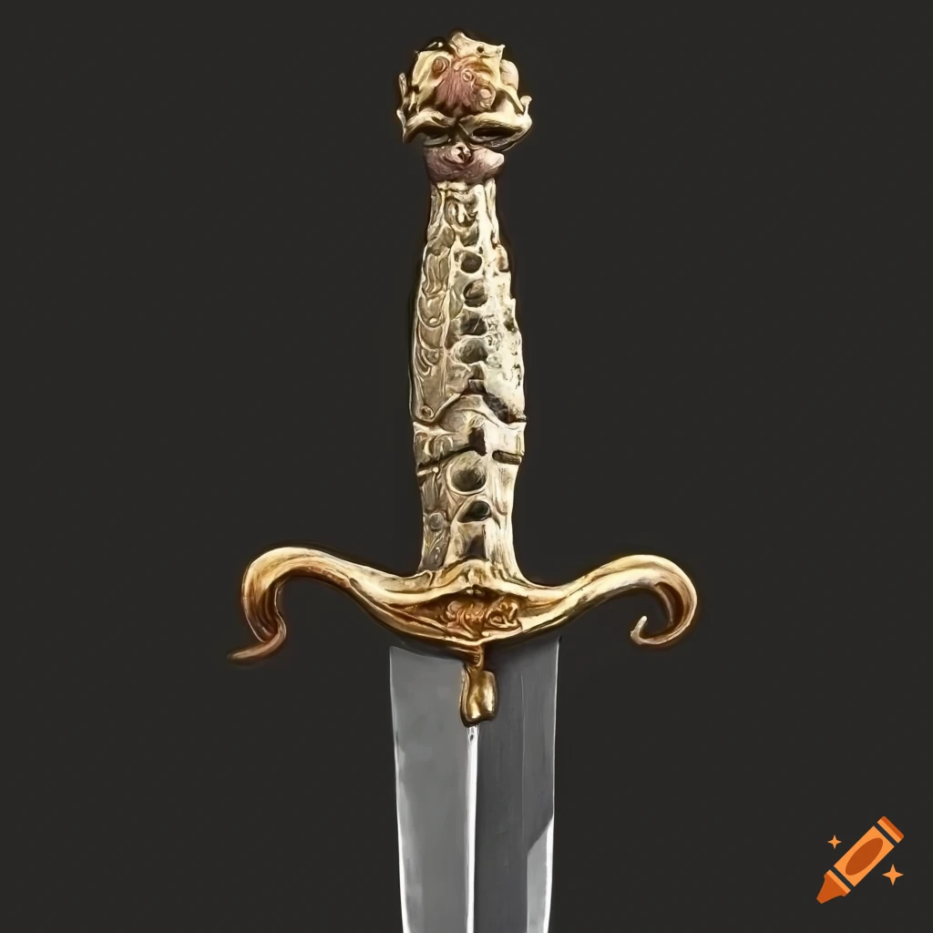 Intricately detailed oil painting of a medieval dagger with serrated ...
