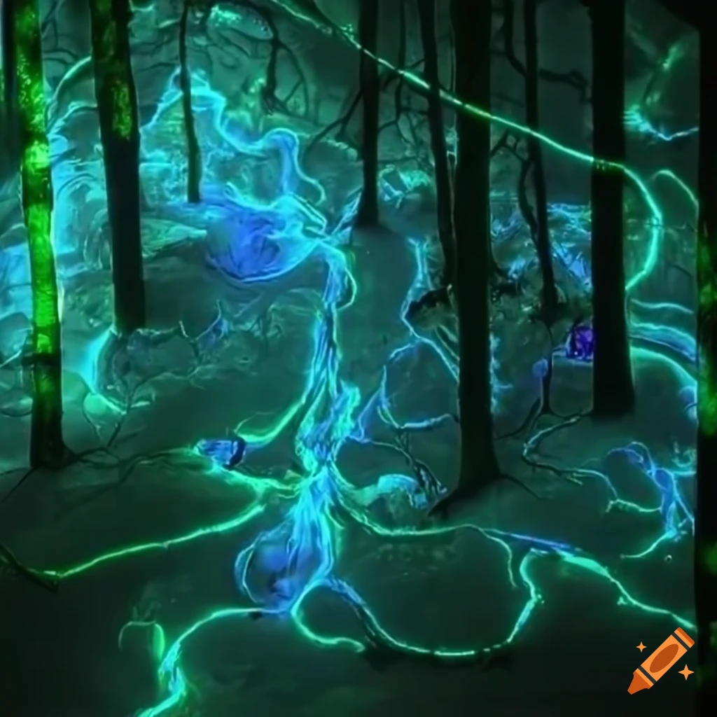 Surreal biopunk forest with glowing bioluminescent trees on Craiyon