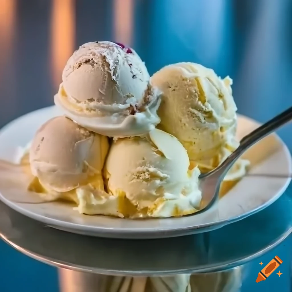 Plate of vanilla ice cream under soft sunrise lighting on a glass table ...