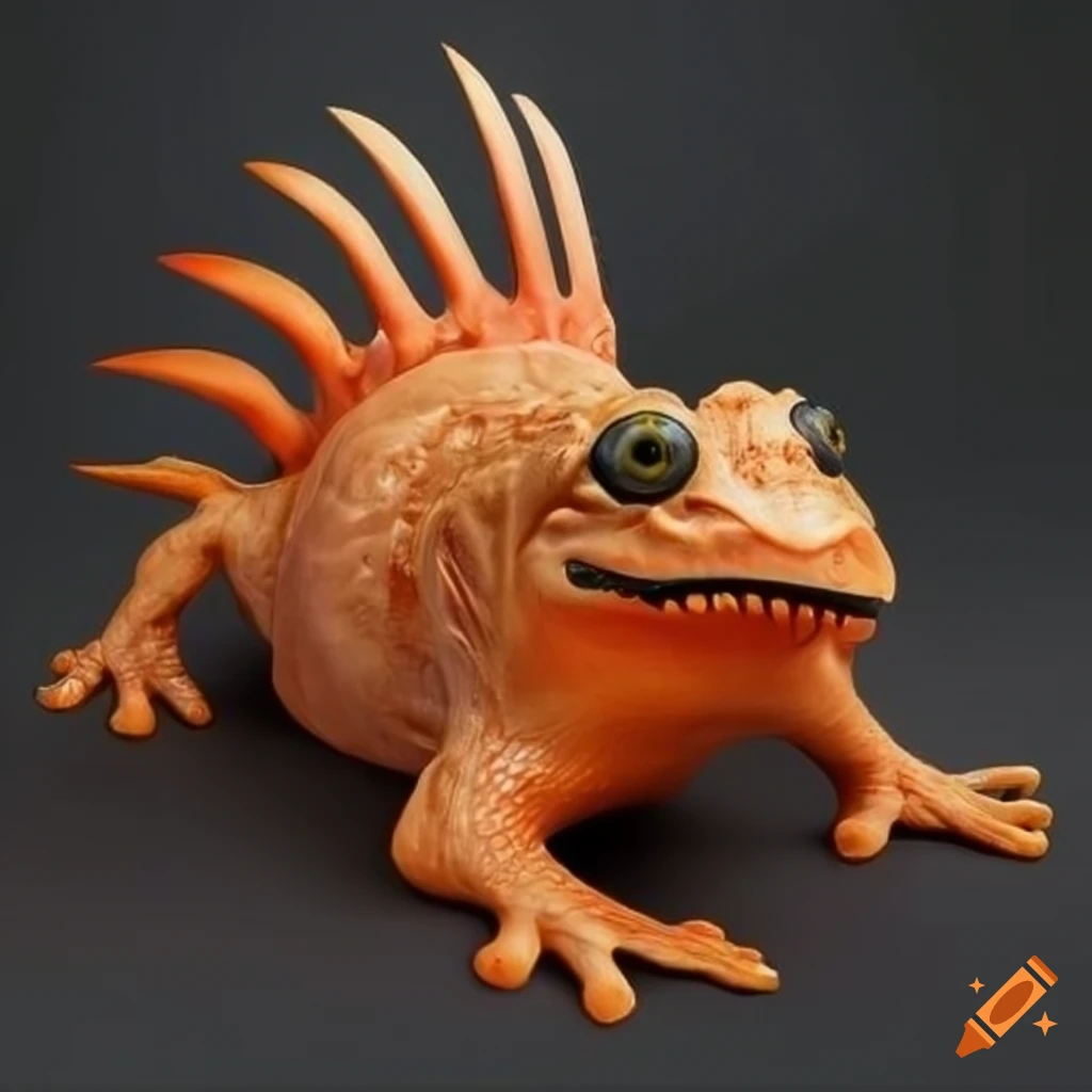 Sculpture of an orange amphibian-like creature with mohawk and sharp ...