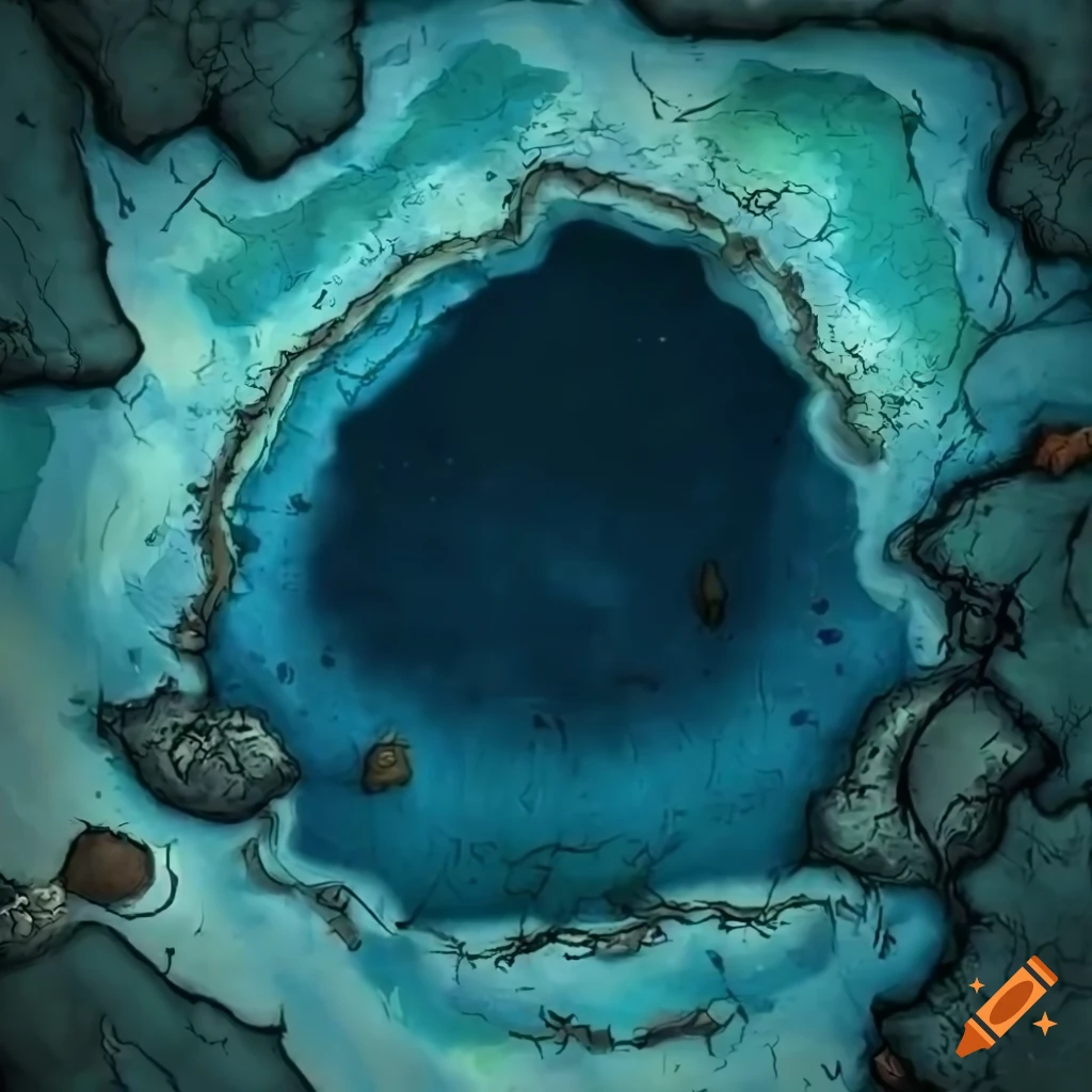 Dnd battlemap of a tidal cave with a pit in an arctic setting on Craiyon