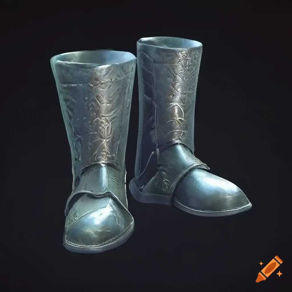 Enchanted mithril boots for a knight's armor in an RPG game on Craiyon