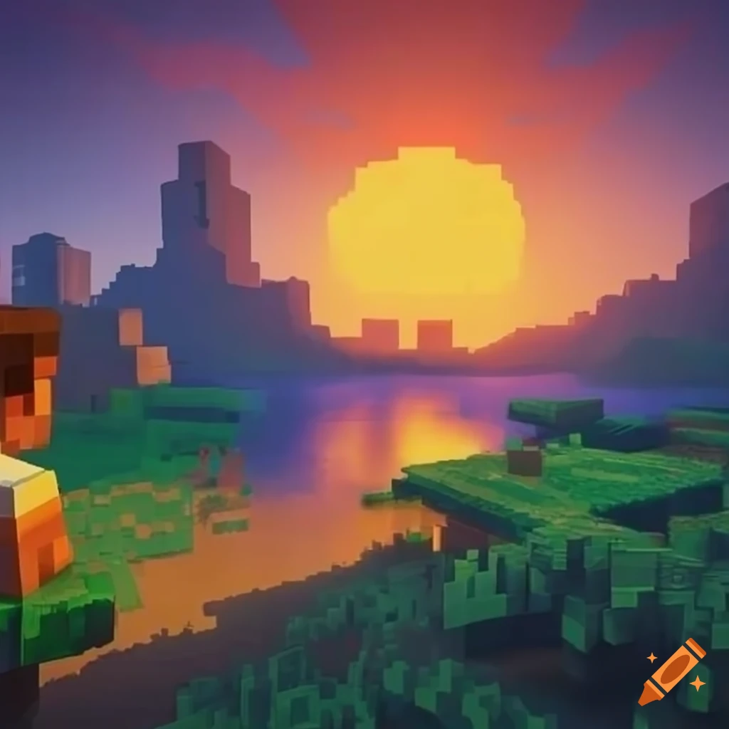 Minecraft landscape at sunset with steve character on Craiyon