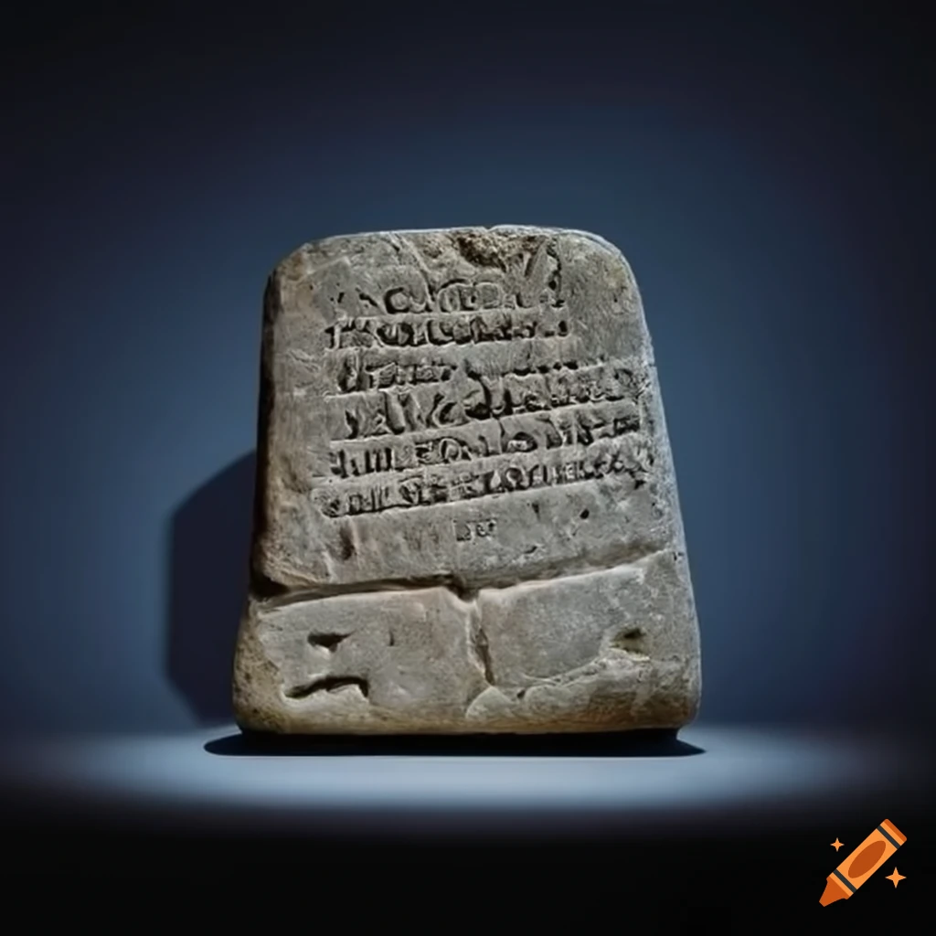 Ancient stone tablets with mysterious writing in dimly lit chamber on ...