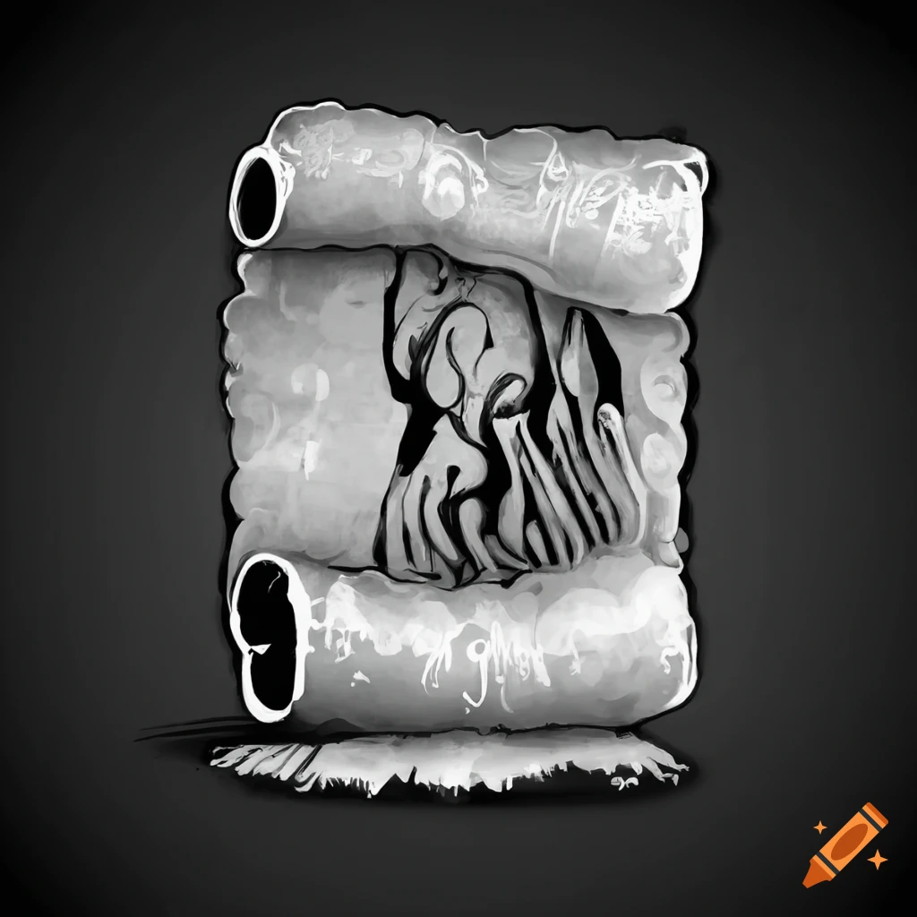 Ancient open scroll with mysterious writing in black and white on Craiyon