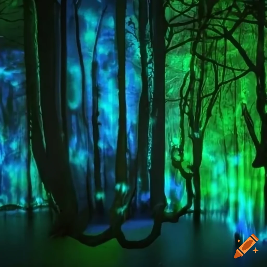 Biopunk paradise with glowing bioluminescent trees merging nature and technology on Craiyon