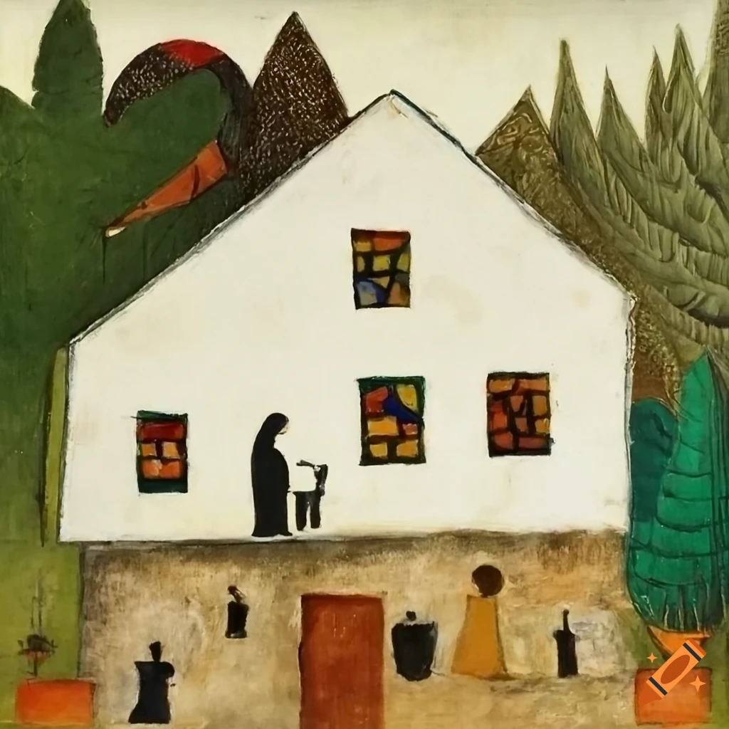 Naive painting of a dollhouse with figures in an outdoor scene on Craiyon