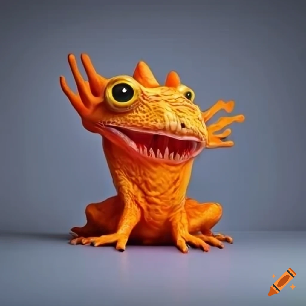Sculpture of an orange amphibian-like creature with mohawk and sharp ...