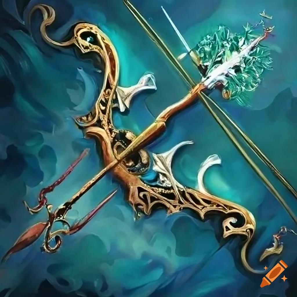 Intricately detailed oil painting of a ornate bow and arrow on Craiyon