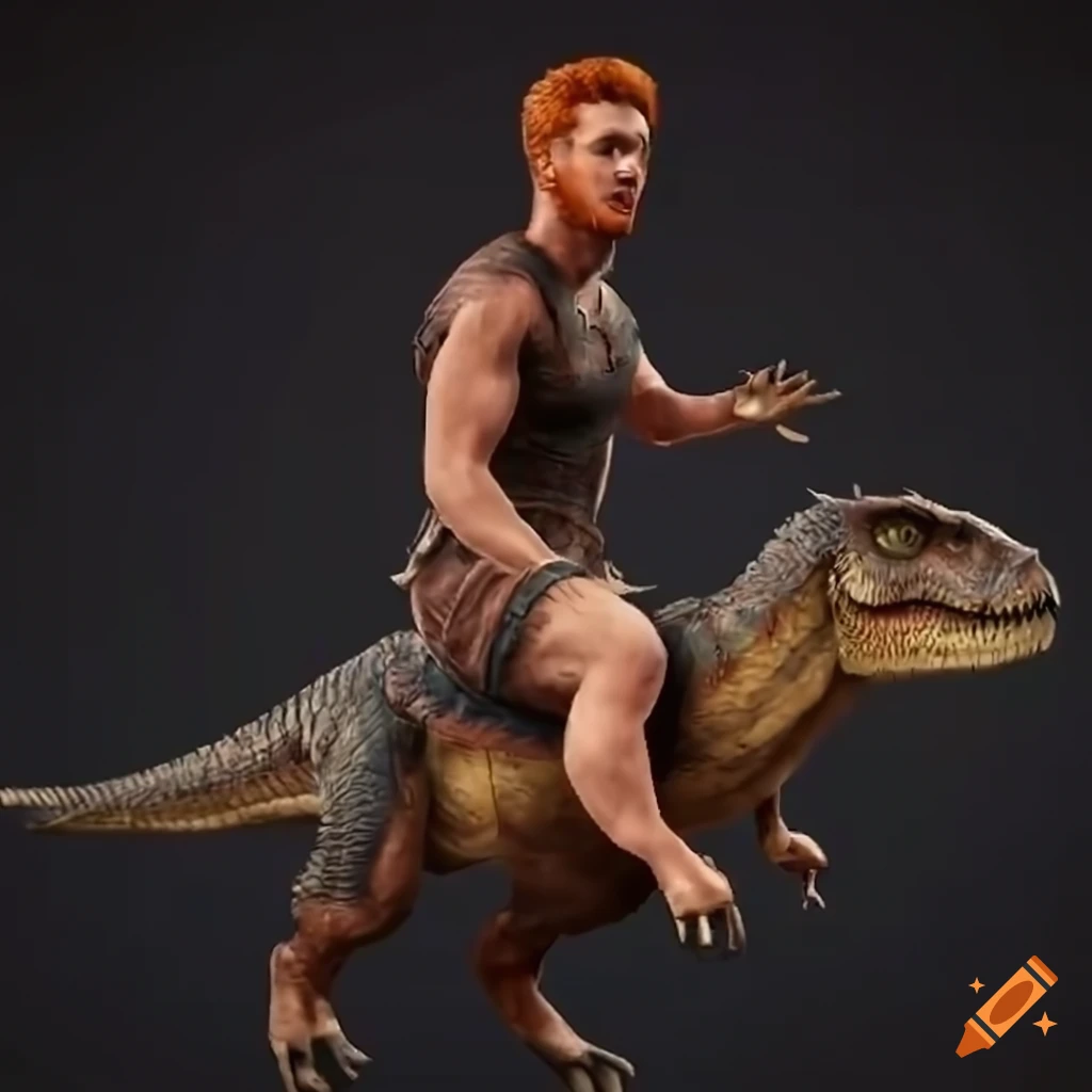 Male redhead riding a rex in ark survival evolved game on Craiyon