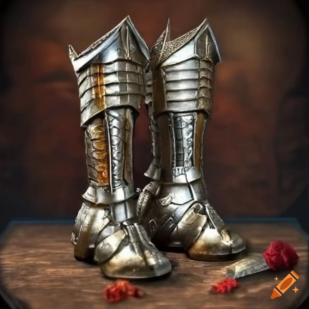 Adorned mithril-plated knight boots with a magical aura on Craiyon
