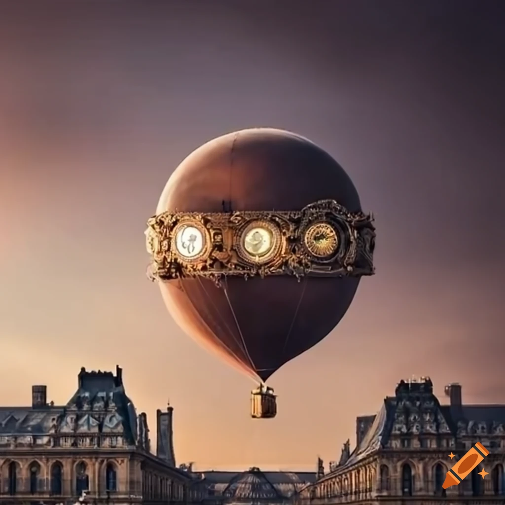 Steampunk balloon flying over Le Louvre museum cityscape on Craiyon
