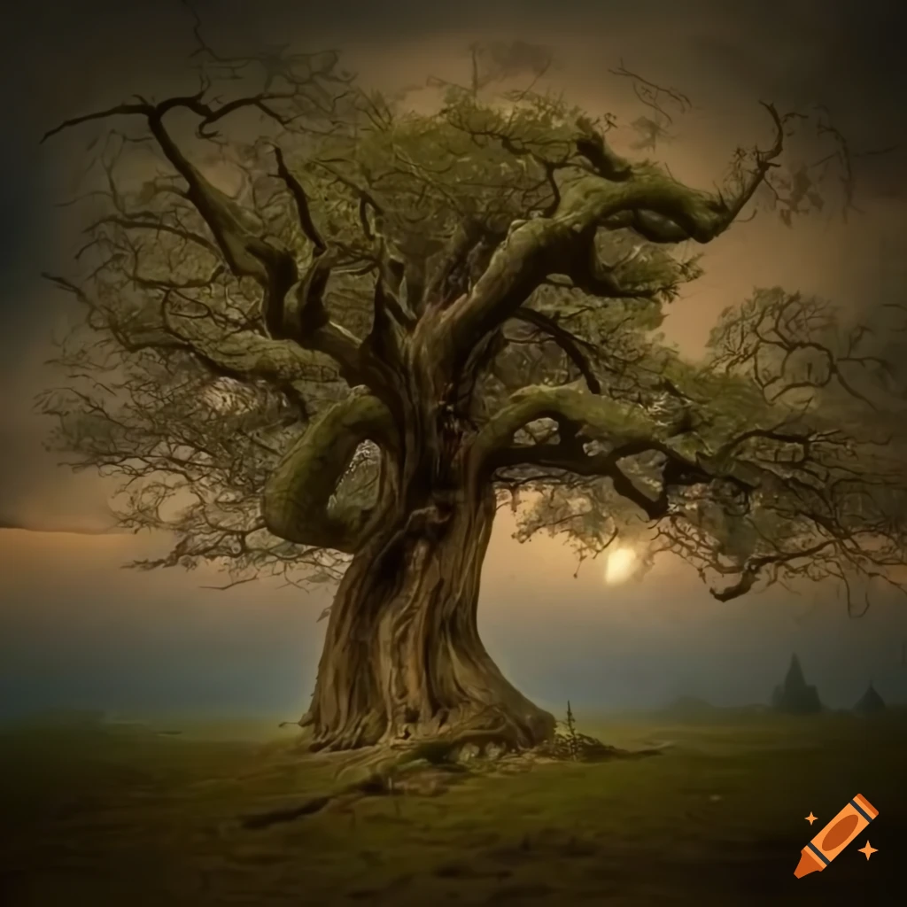 Ancient gnarled ent tree standing tall in a forest setting on Craiyon