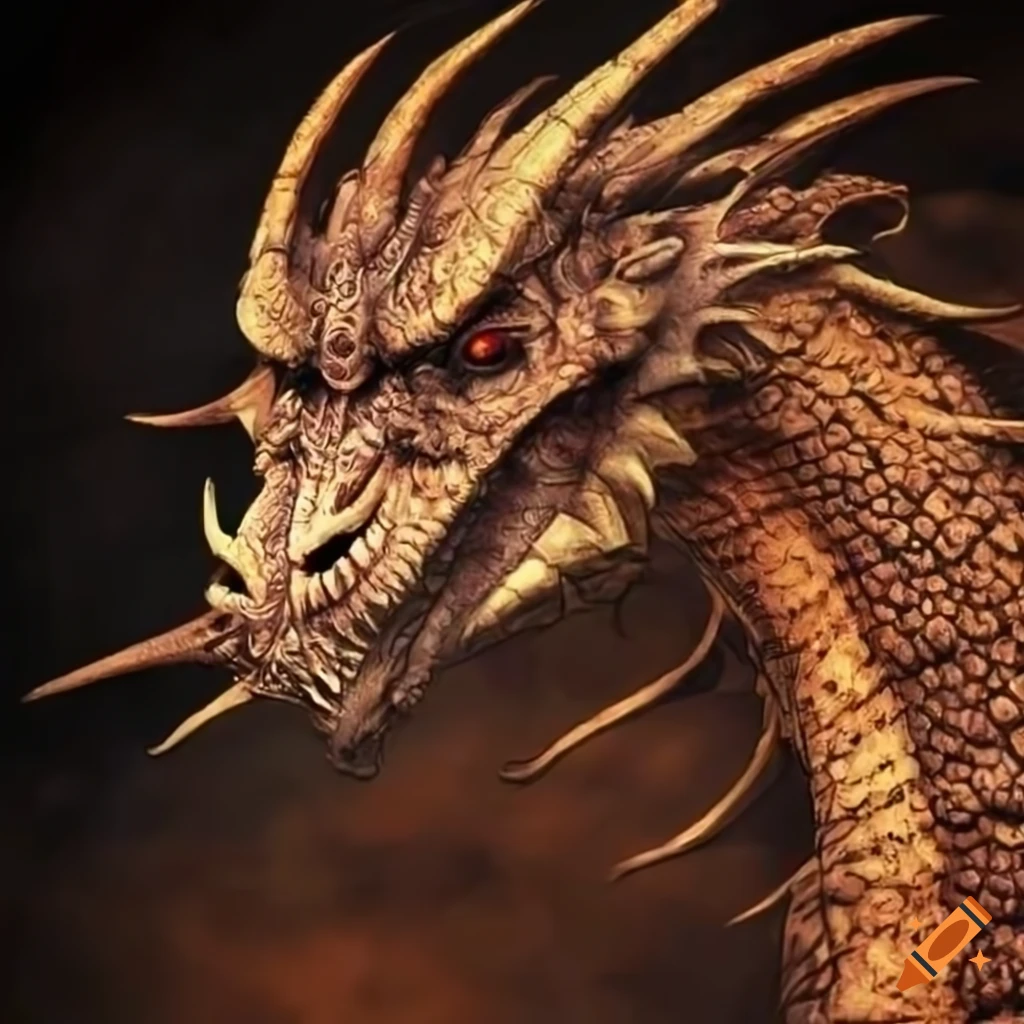 Intricately-detailed brown dragon with a profound gaze and symbolic ...