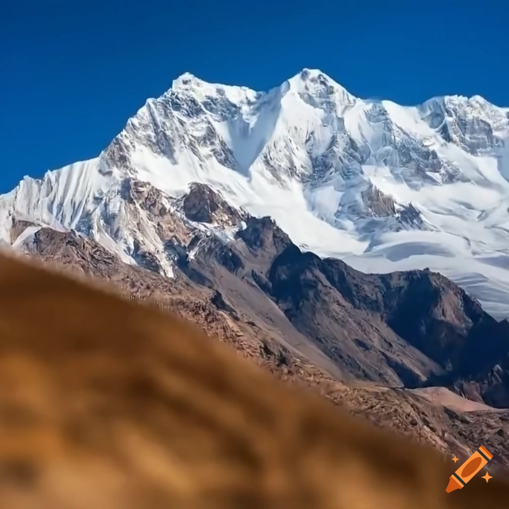View of massive Himalayan mountain with steep drops in every direction ...