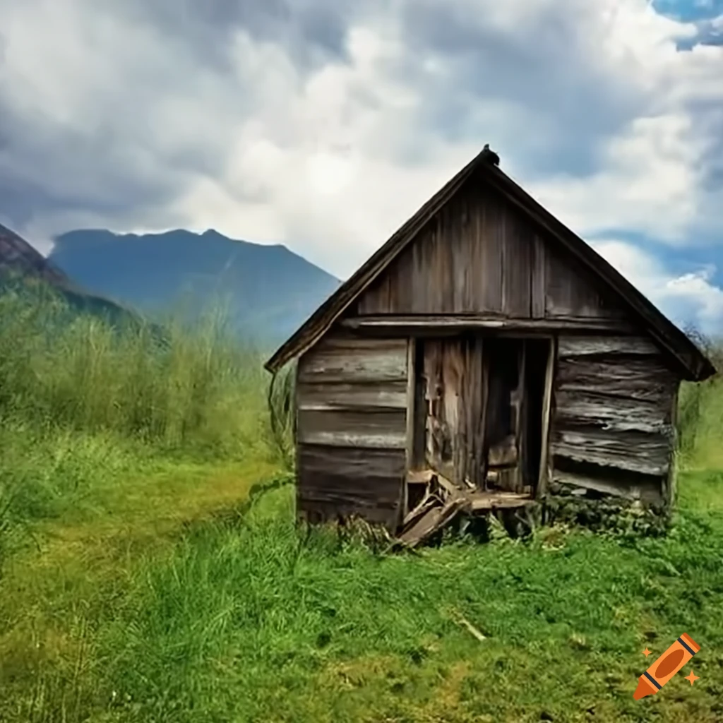 Old shack on a hill with mountains, stream, and willow tree in a serene ...