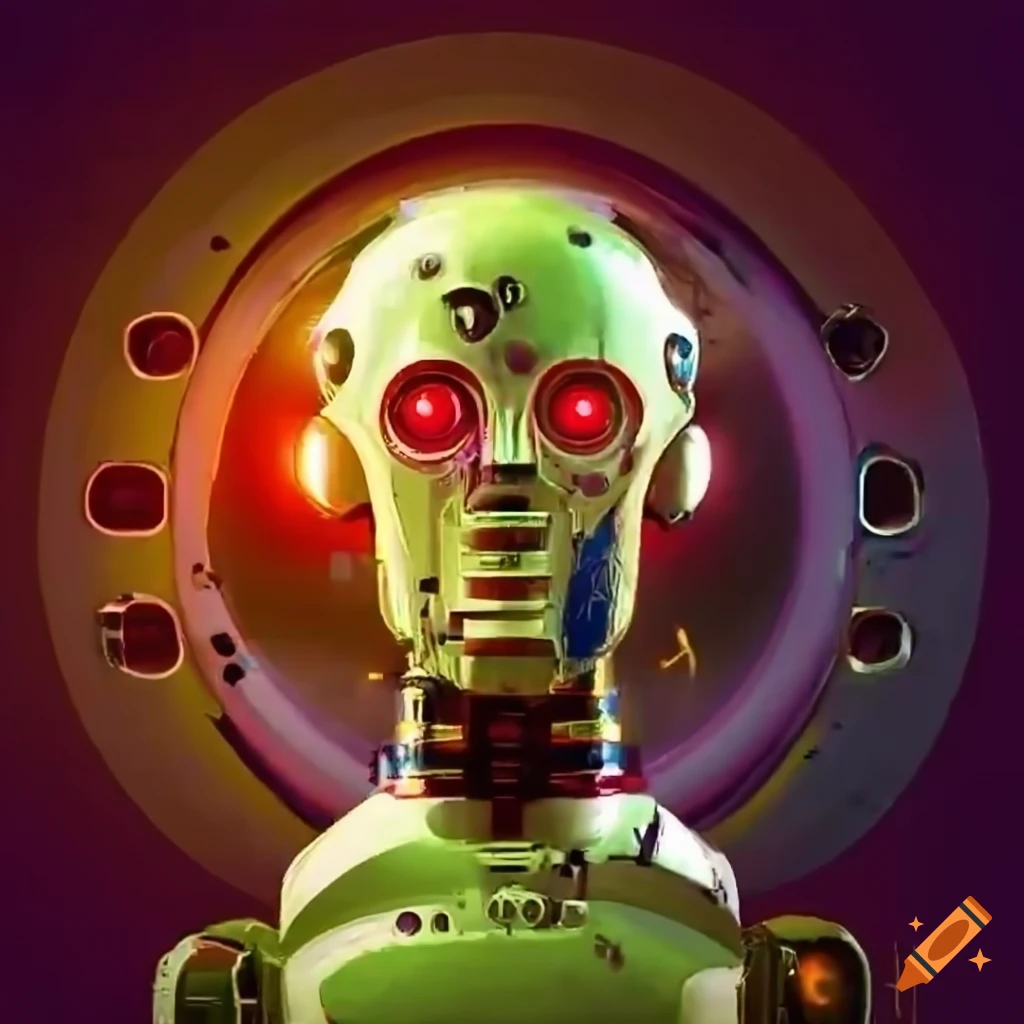 Introspective robot in a retro-futuristic bar with damaged paint and circuit showing on Craiyon