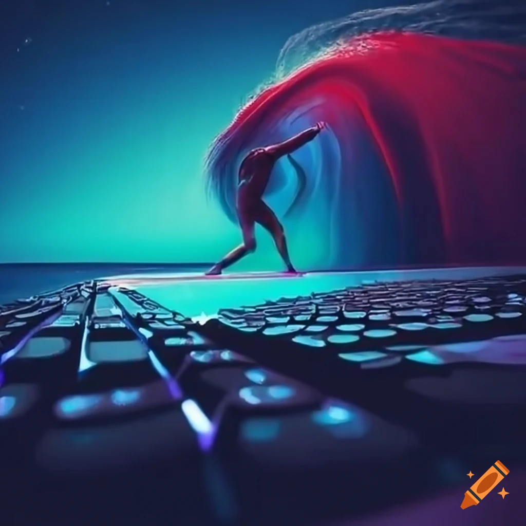 Creative surfer riding an imaginary wave on a vibrant keyboard layout ...