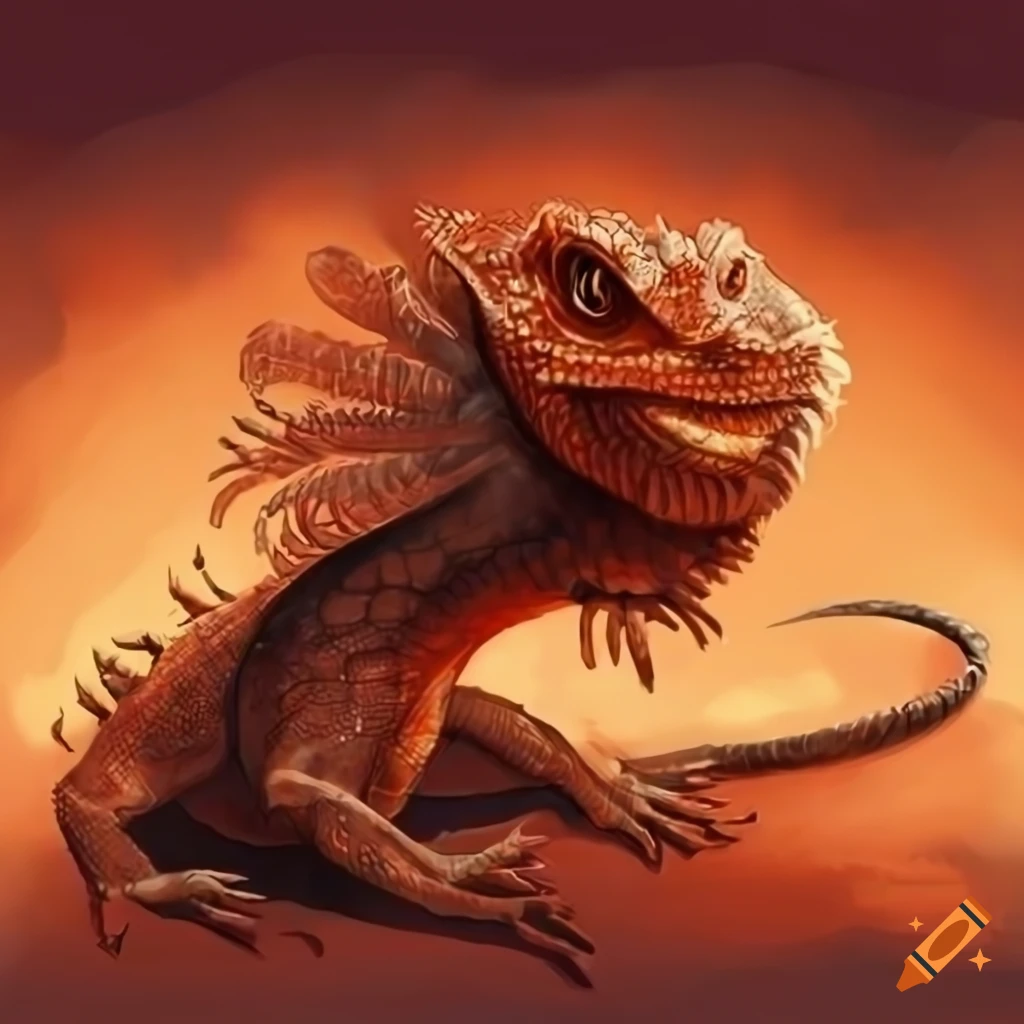 Frilled lizard spitting fire in the desert in a fantasy art style on ...