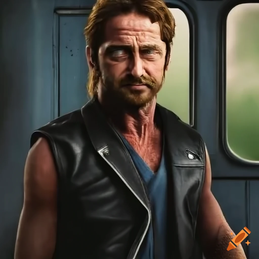 Young man resembling british actor gerard butler in an outlaw biker ...