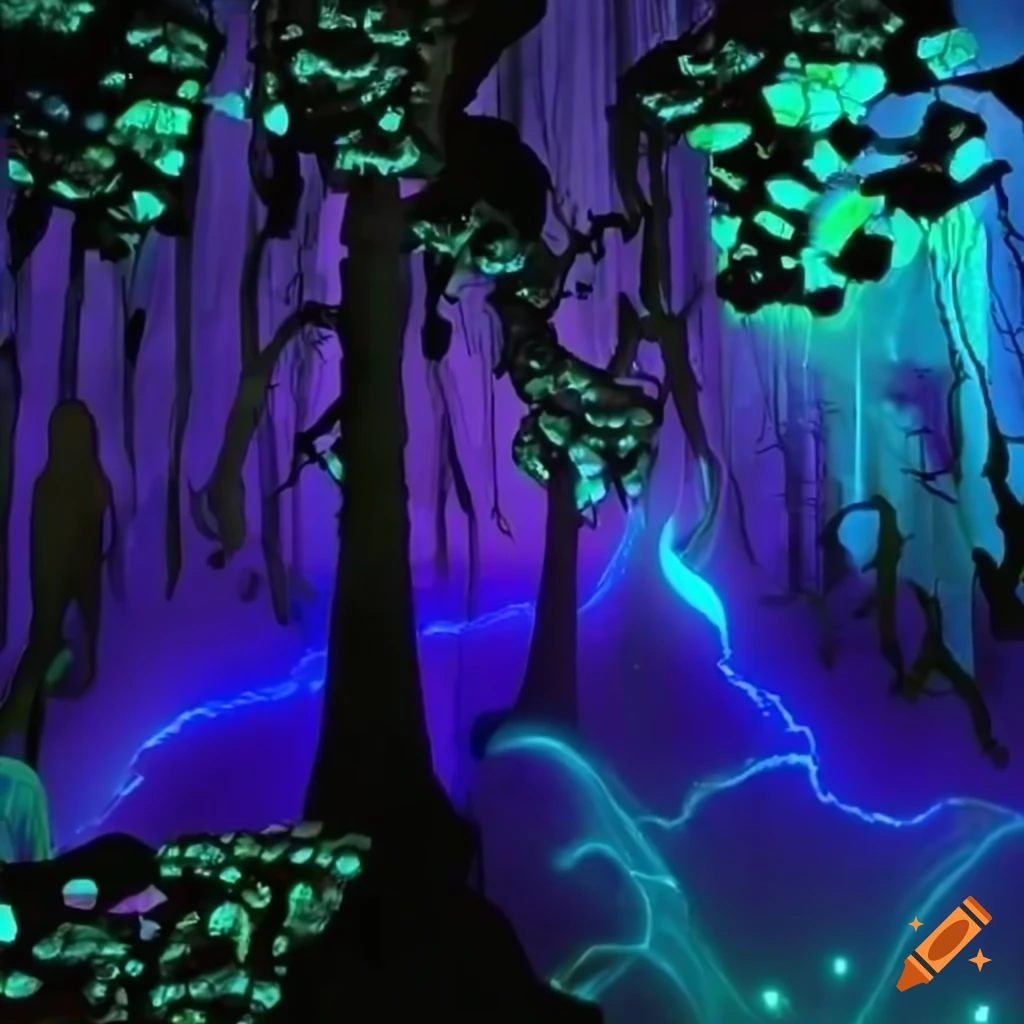 Biopunk paradise with glowing bioluminescent trees in a surreal forest on Craiyon