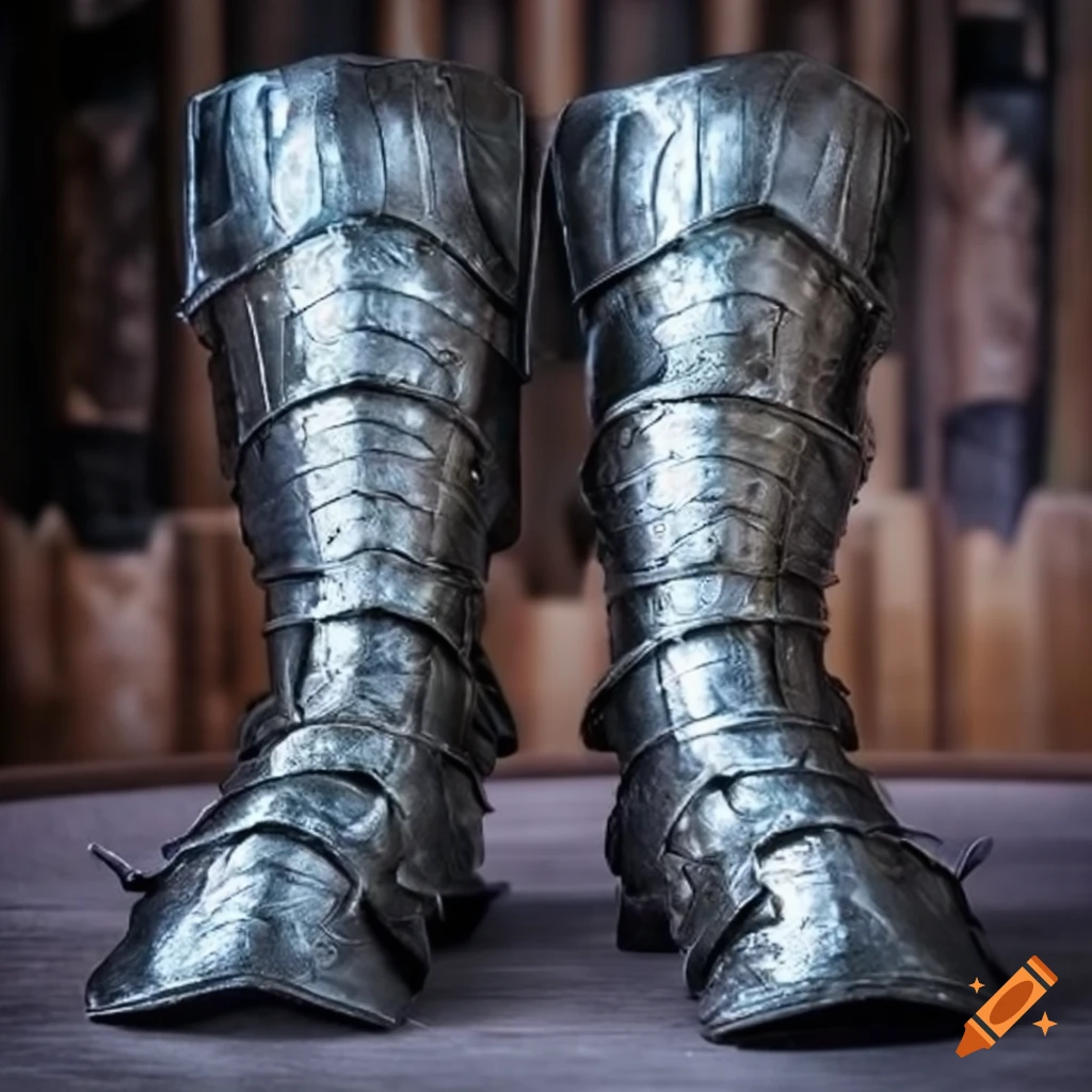 Medieval pair of adorned mithril plated knight magic boots on Craiyon