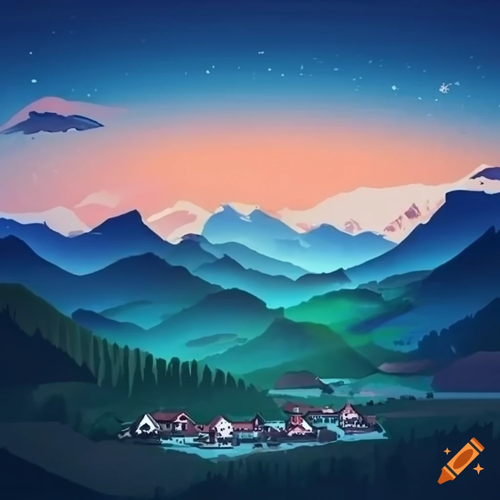 Scenic village nestled between two mountains in 2d art on Craiyon