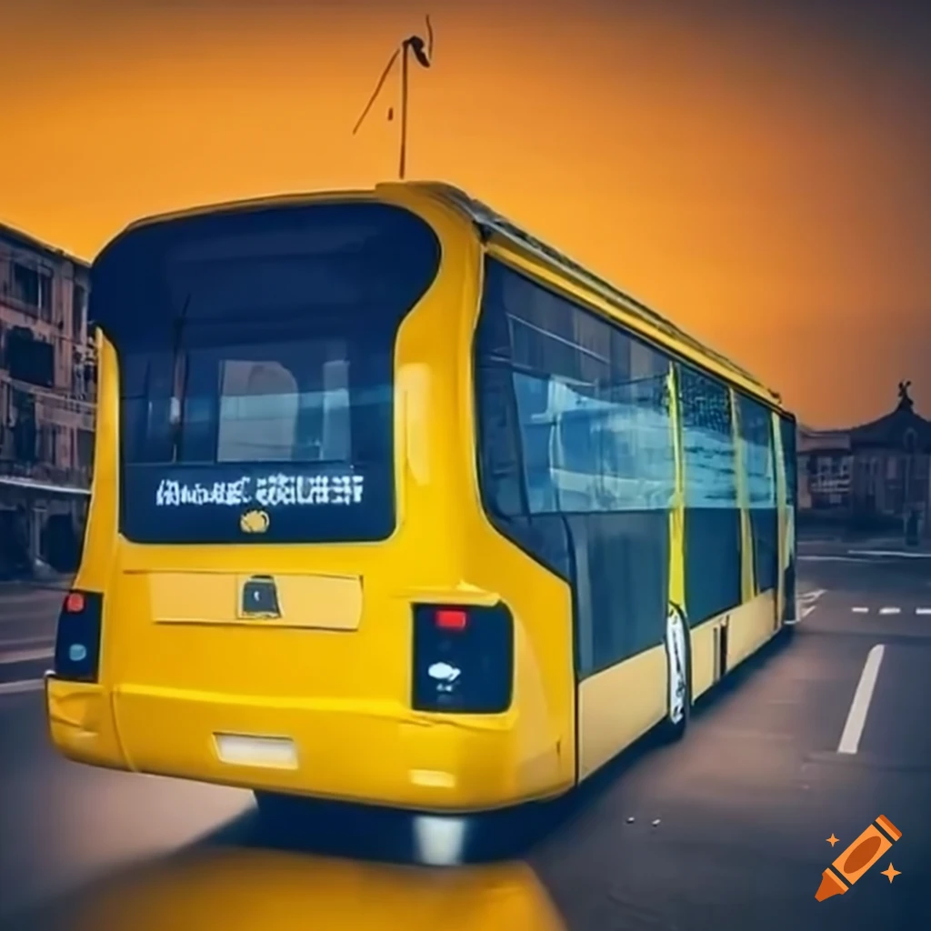 Moderno bus pintado de amarillo y blanco en la ciudad con letrero sit ...