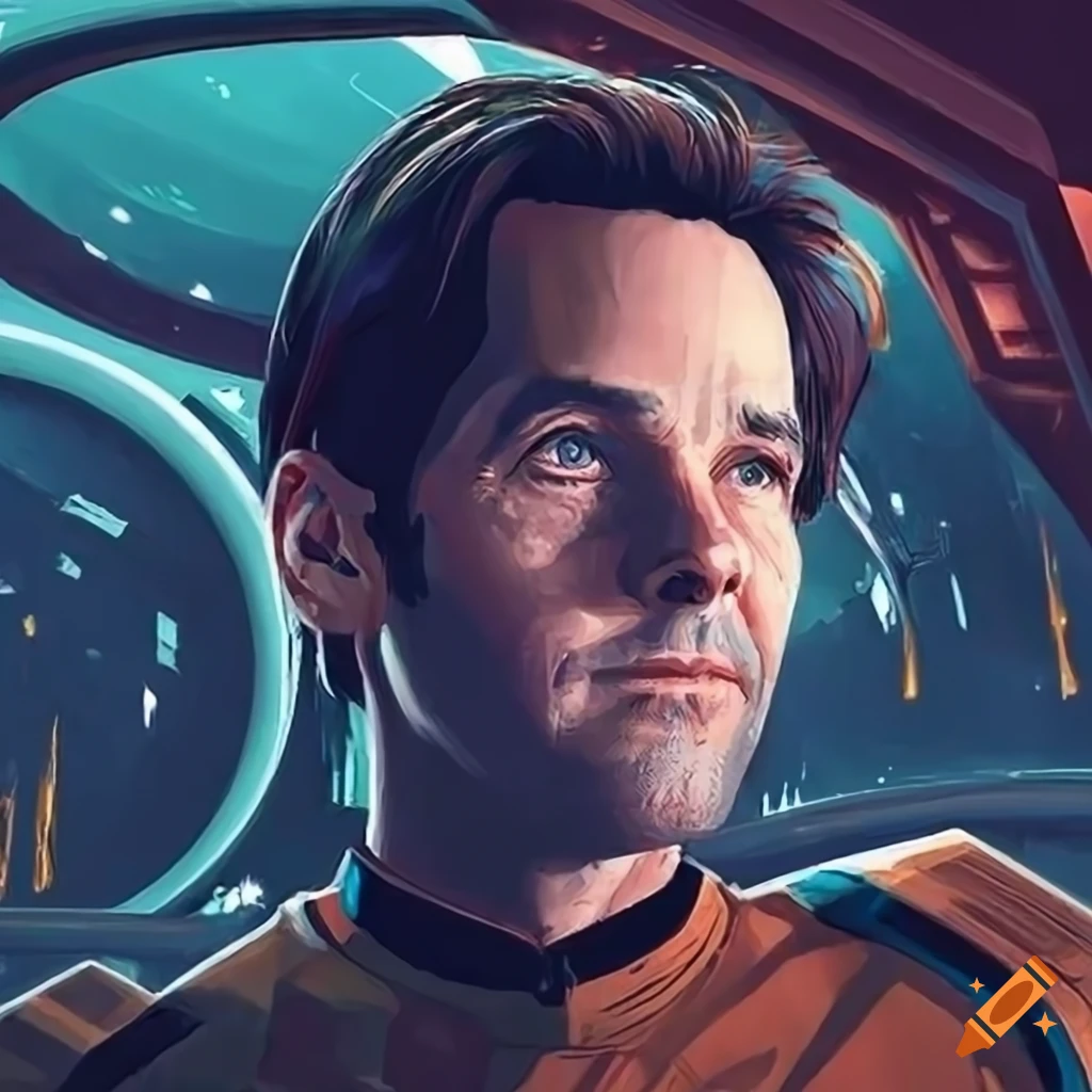 Bumbling space janitor in warp core engine room of starship Enterprise ...