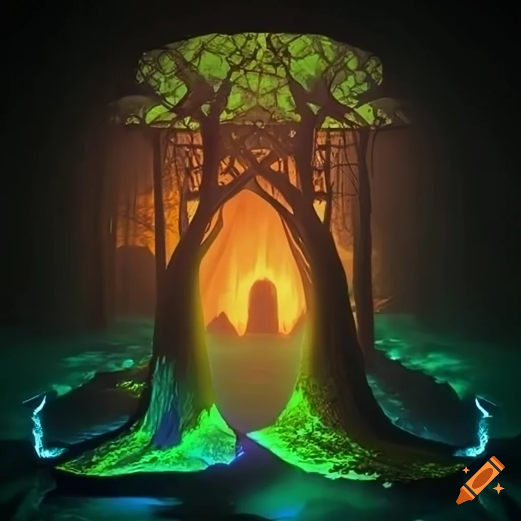 Biopunk forest merging nature and technology with towering bioluminescent trees on Craiyon