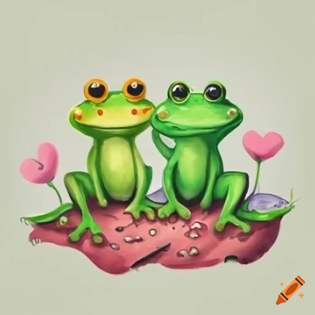 Two happy frogs in love on a leaf above a puddle with flowers on Craiyon