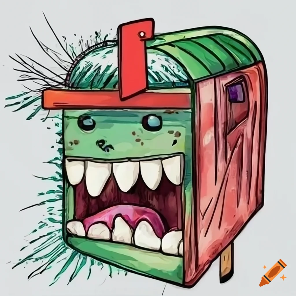 Evil mailbox with sharp teeth and long tongue salivating on Craiyon