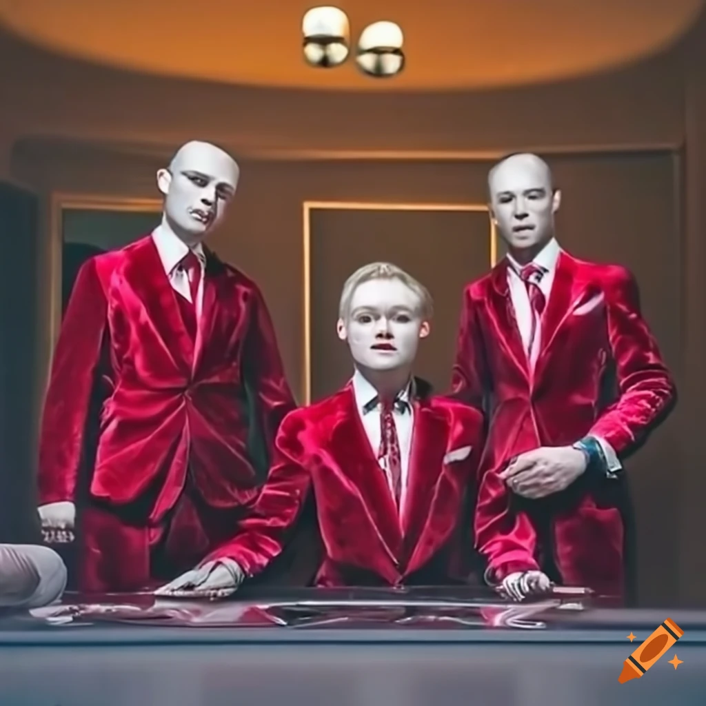 Three men in red velvet suits at a hotel concierge desk on Craiyon