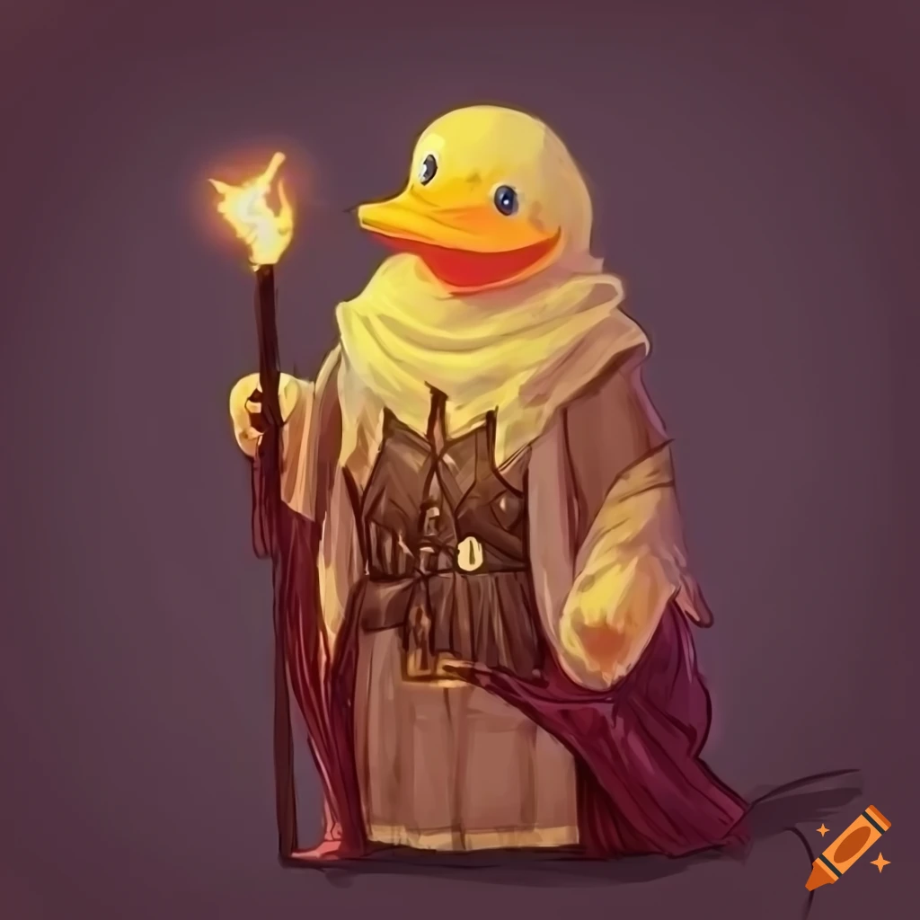 Wizard casting a spell with a giant rubber duck emerging from his staff ...