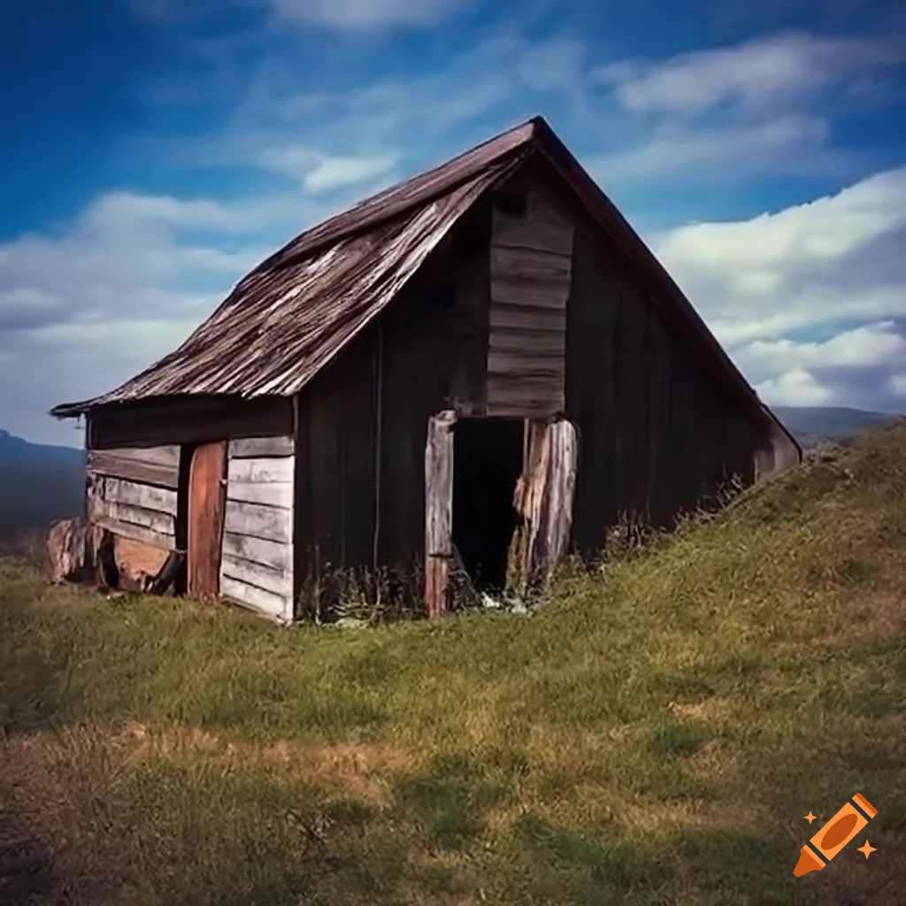 Old shack on a hill with grass, mountains in the background, fluffy ...