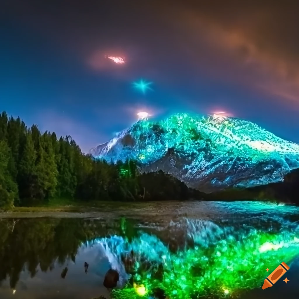 Tyrannosaurus rex in a galactic lake with luminous mushrooms and butterflies on Craiyon